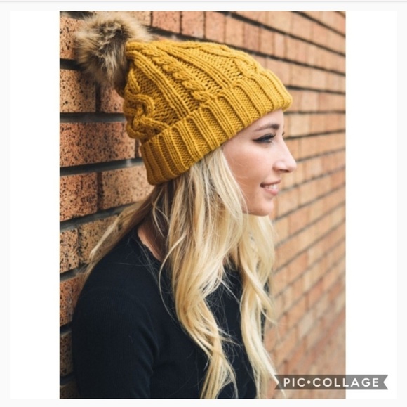 Accessories | Cable Knit Beanie With Faux Fur Pom | Poshmark